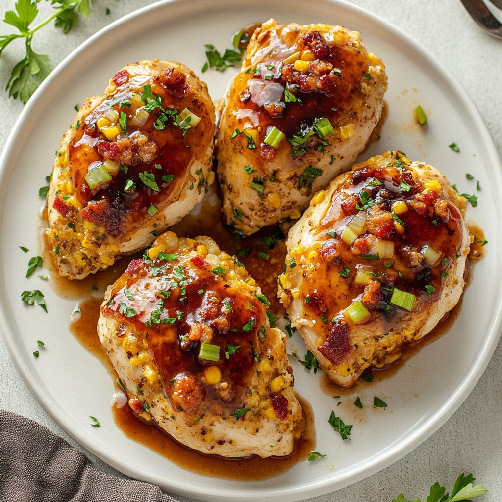 Plum-Glazed Cornbread Stuffed Chicken Breasts Recipe | easyChef Pro